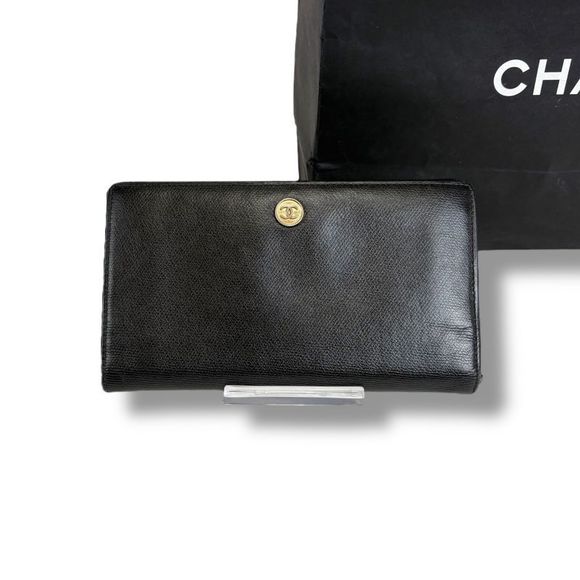 CHANEL | Bags | Chanel Coco Button Fold Long Wallet Leather Black Coco ...